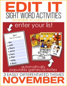 Edit It for November Sight Word Activities-Differentiated (Color and B ...